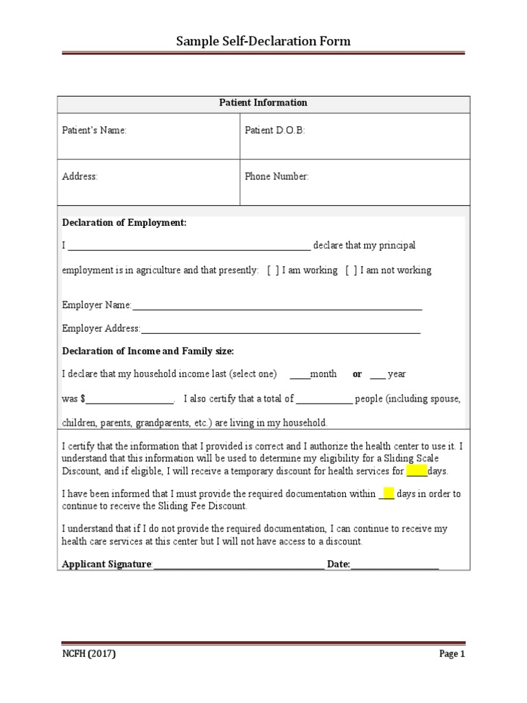 Sample Self-Declaration Form: Patient Information | PDF | Self-Improvement