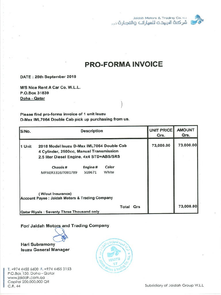 Isuzu Pro Forma Invoice | PDF | Financial Accounting | Accounting
