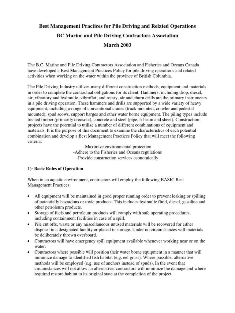 Best Management Practices For Pile Driving and Related Operations BC ...