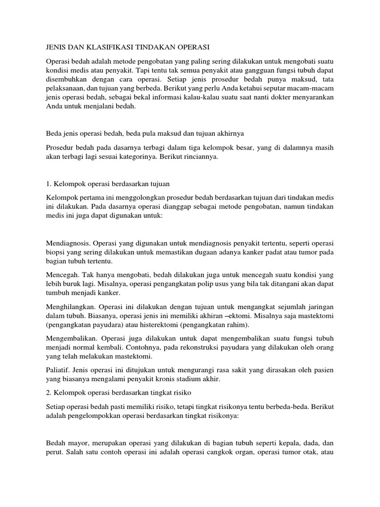 Jenis Dan Klasifikasi Tindakan Operasi | PDF