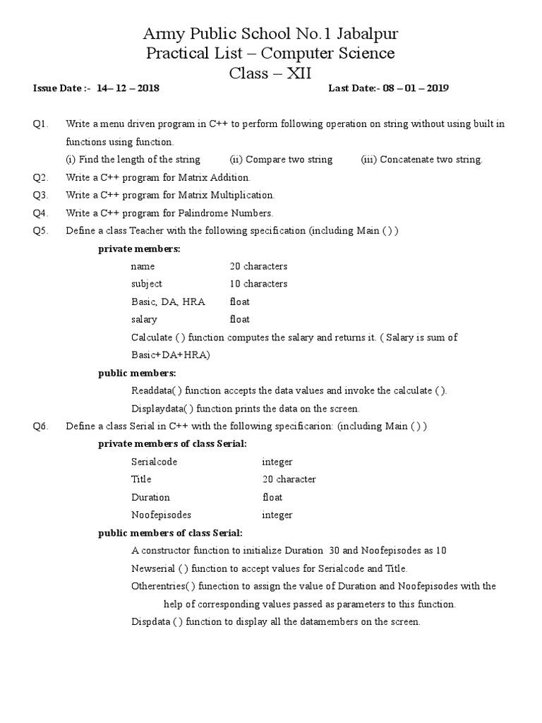 Army Public School No.1 Jabalpur Practical List - Computer Science ...
