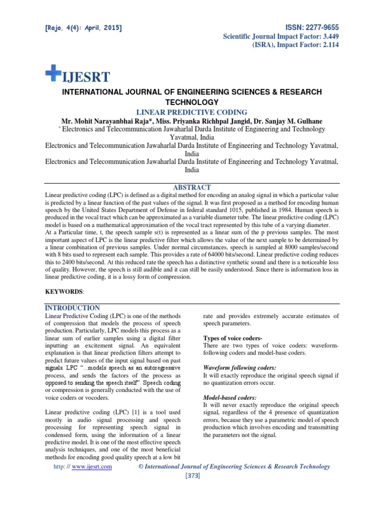 57 - Linear Predictive Coding PDF | Download Free PDF | Data Compression | Sampling (Signal ...