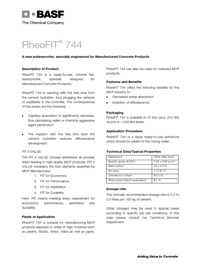 Tds - Rheofit 744 | PDF | Concrete | Cement
