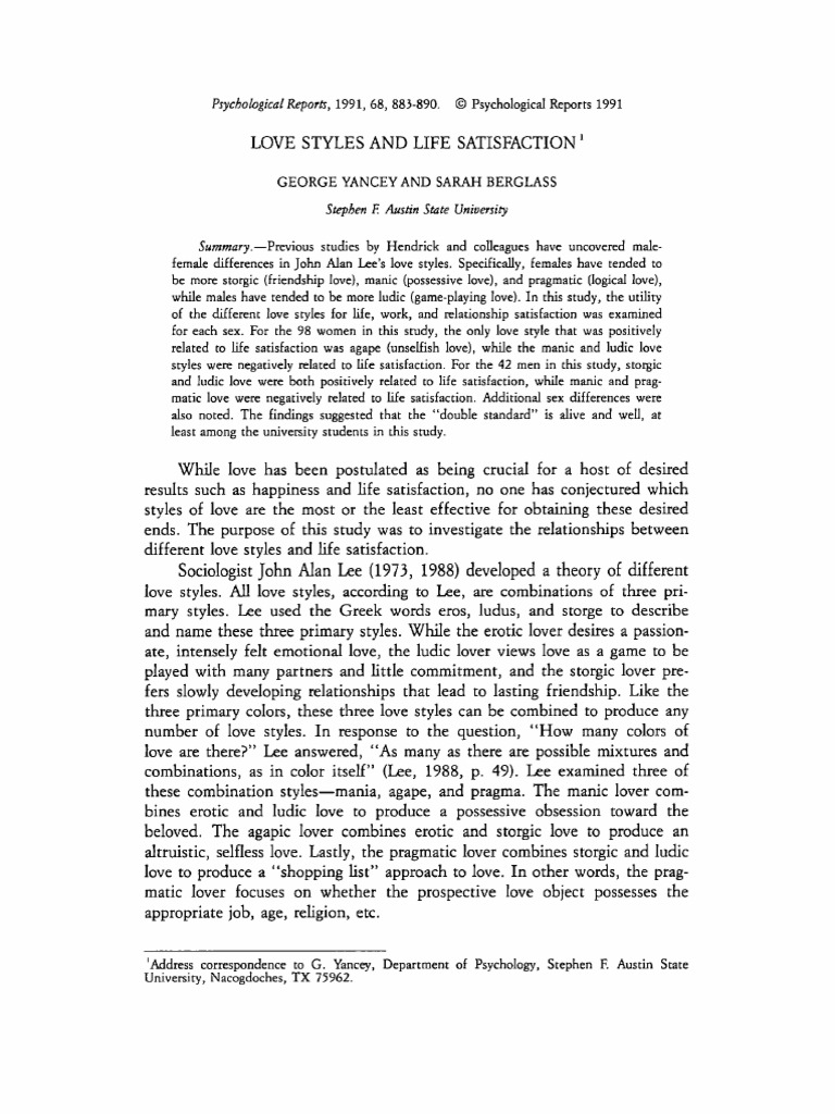Love Styles' Impact on Life Satisfaction | PDF | Affection | Social ...