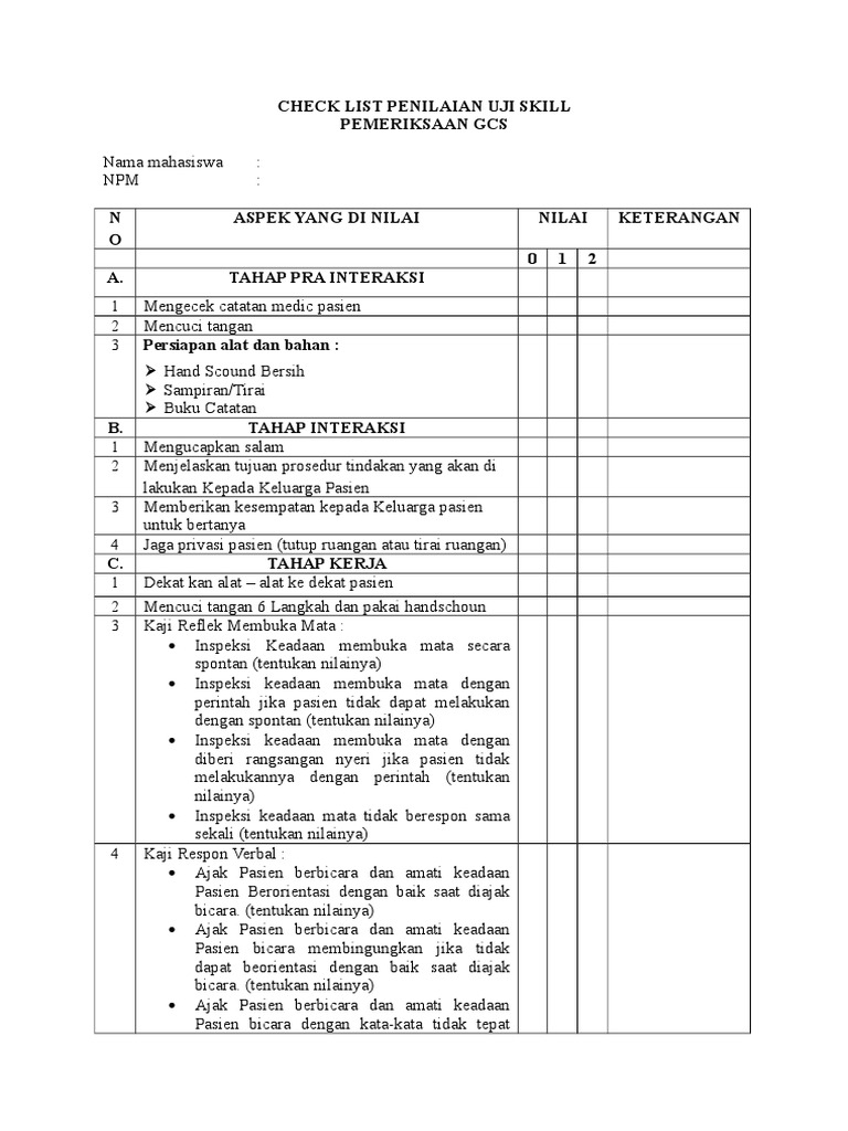 Checklist Penilaian GCS Mahasiswa | PDF | Kesehatan Holistik