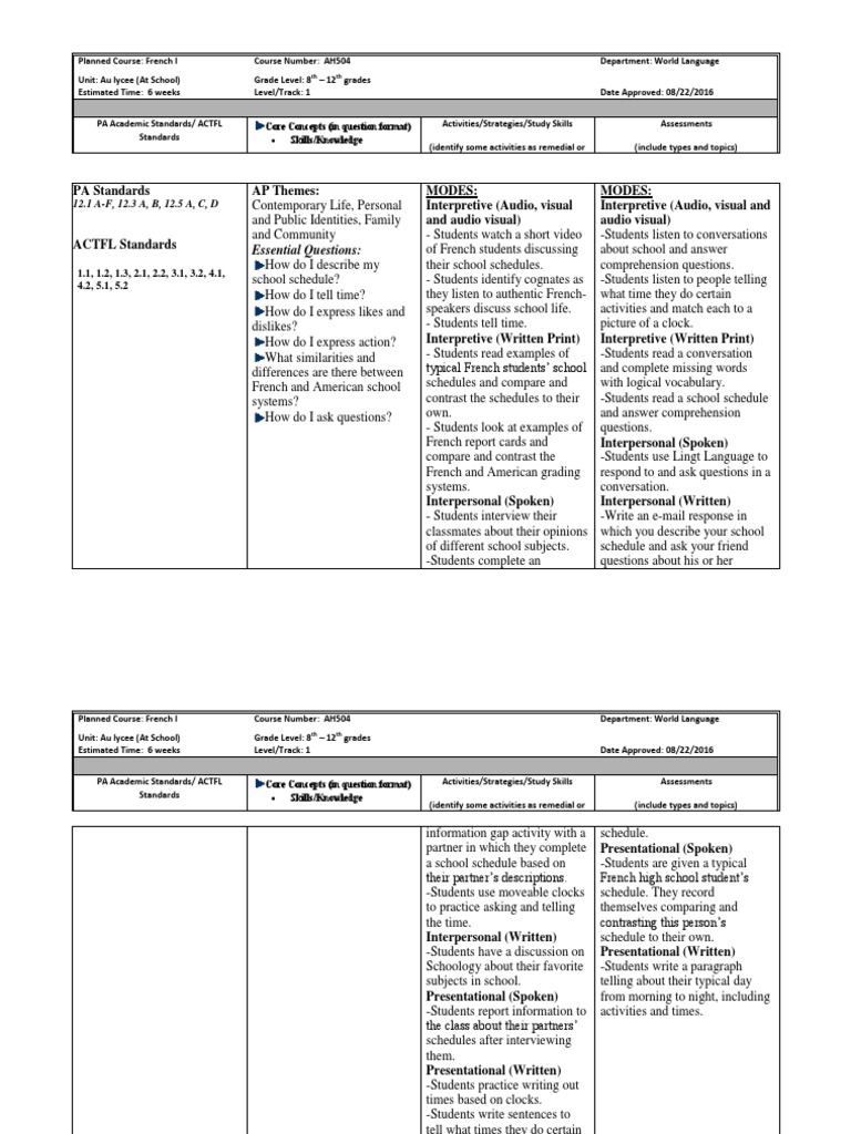 French 1 Unit 2 Au Lycee | PDF | Question | Reading Comprehension