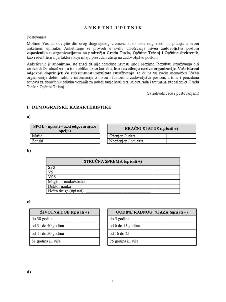 Anketni Upitnik Za ZAPOSLENE | PDF