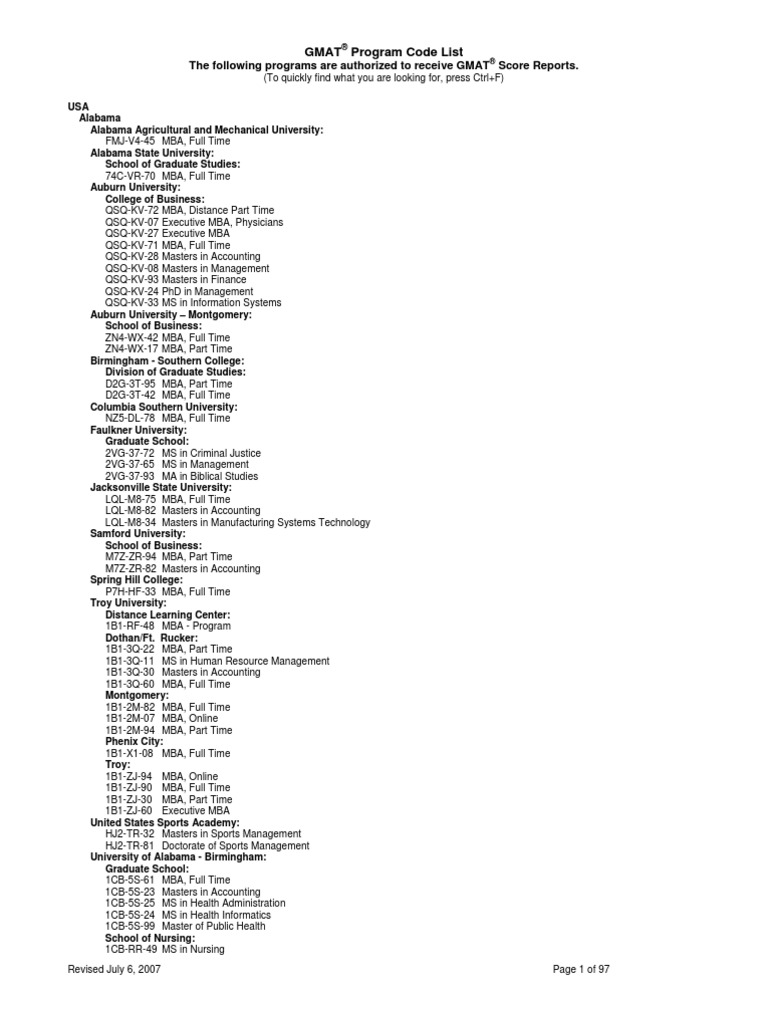 GMAT Program Codes 070607 | PDF