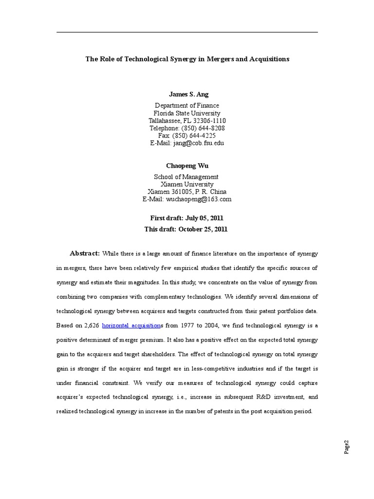 The Role of Technological Synergy in Mergers and Acquisitions | PDF ...