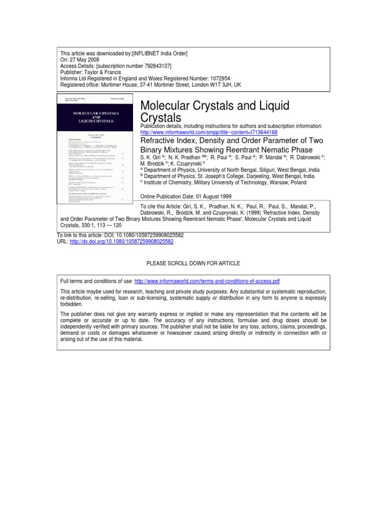 Refractive Index Density And Order Parameter Of Two Binary Mixtures Showing Reentrant Nematic
