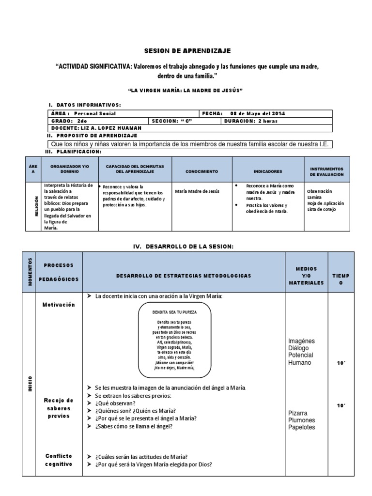 Sesion de Aprendizaje La Virgen Maria | PDF | María, madre de Jesús | Aprendizaje