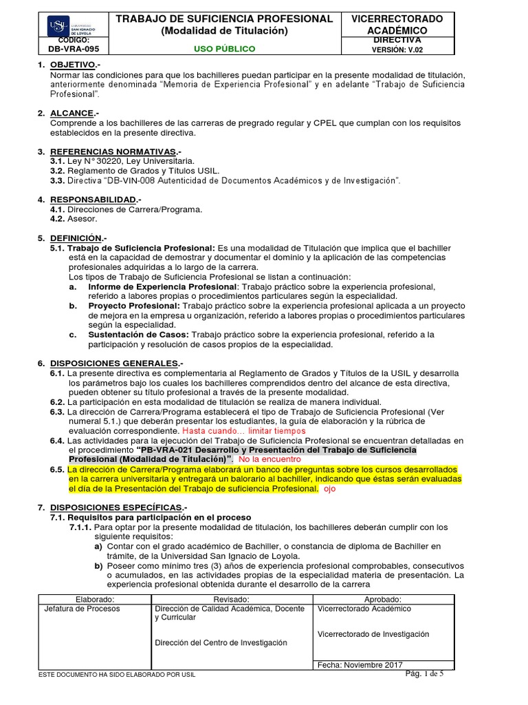 DB-VRA-095 Trabajo de Suficiencia Profesional (Modalidad de Titulación ...