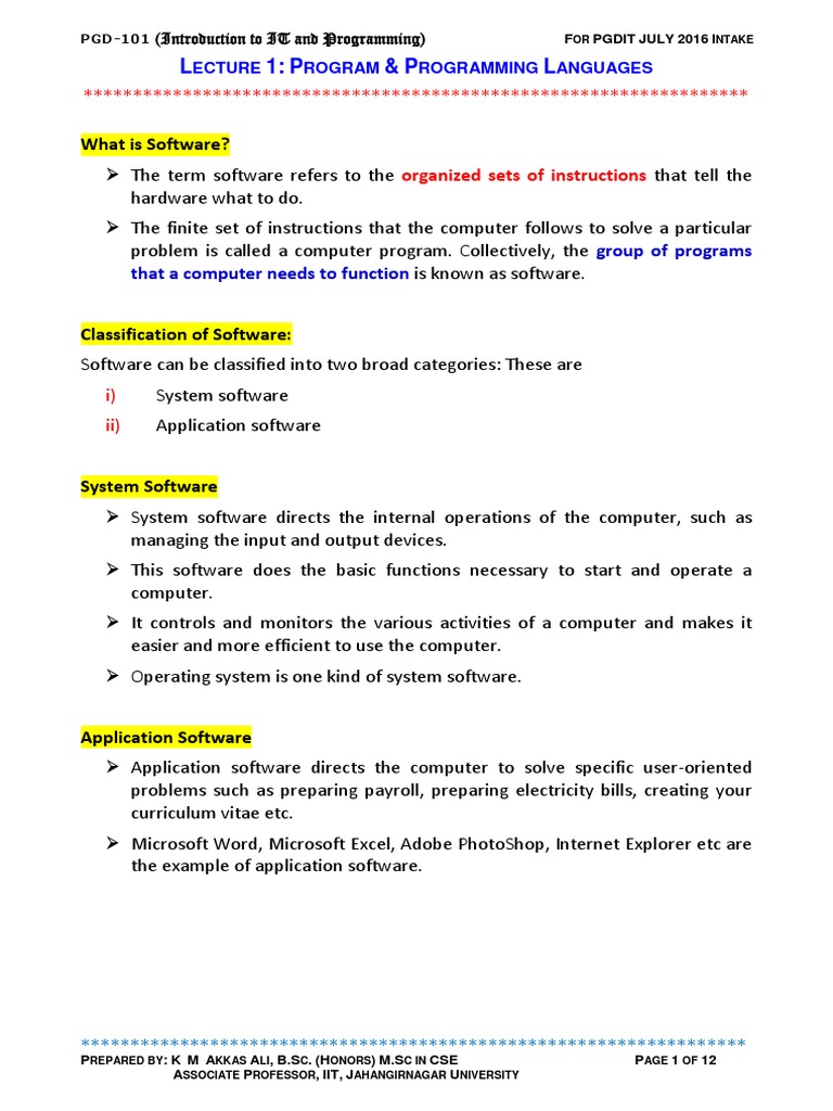 PGDIT 101 Introduction To IT and Programming - Lecture 1 Program & Programming Languages | PDF ...