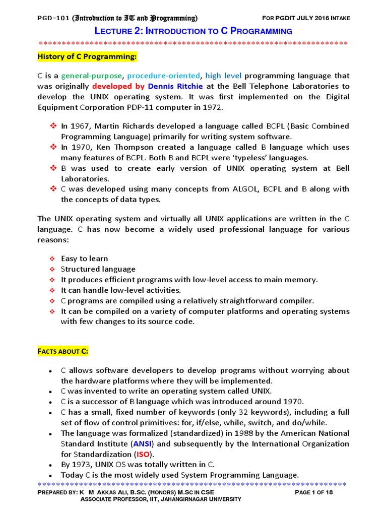 Pgdit 101 Introduction To It And Programming Lecture 2 Introduction To C Programming Pdf