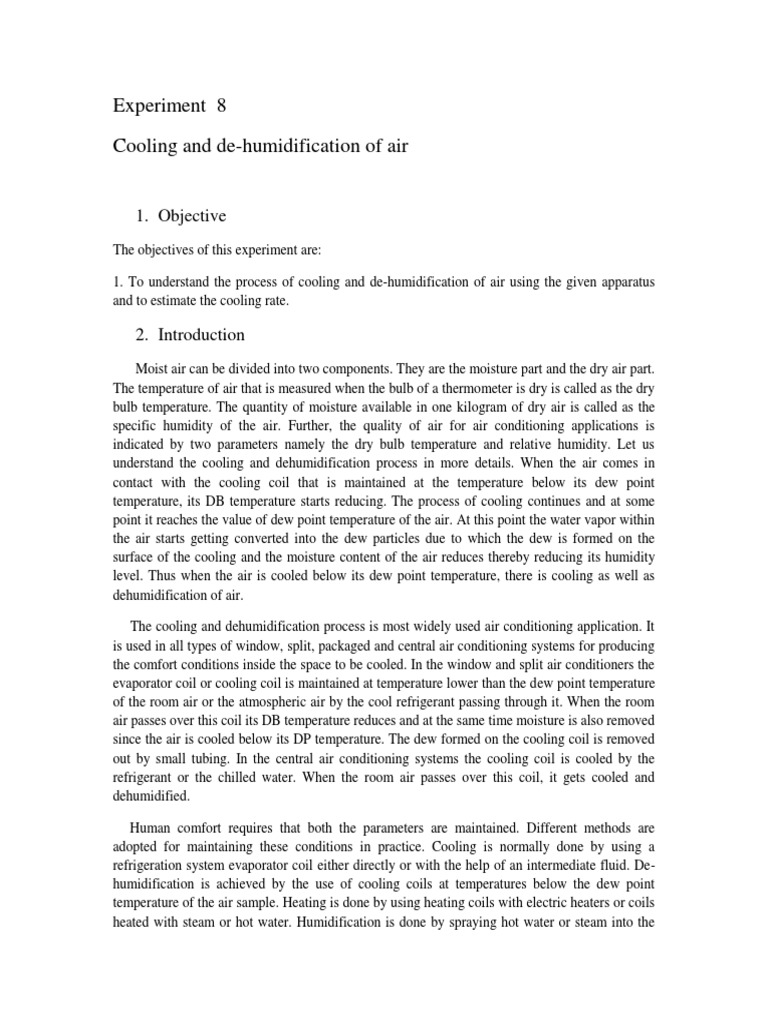 Experiment 8 Cooling and De-Humidification of Air: 1. Objective | PDF ...