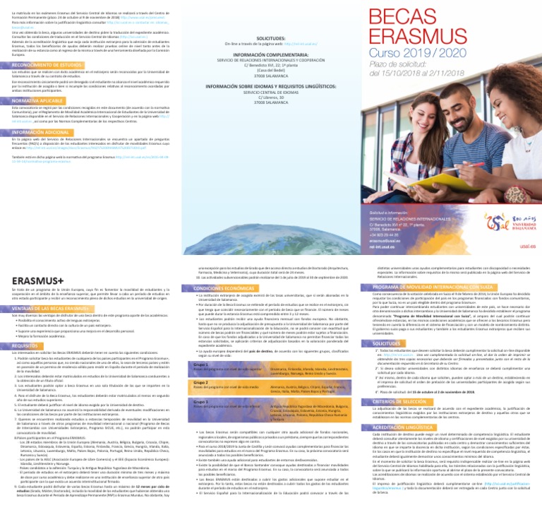 TRIPTICO Convocatoria Becas Erasmus 2019 2020 | PDF | Educación avanzada