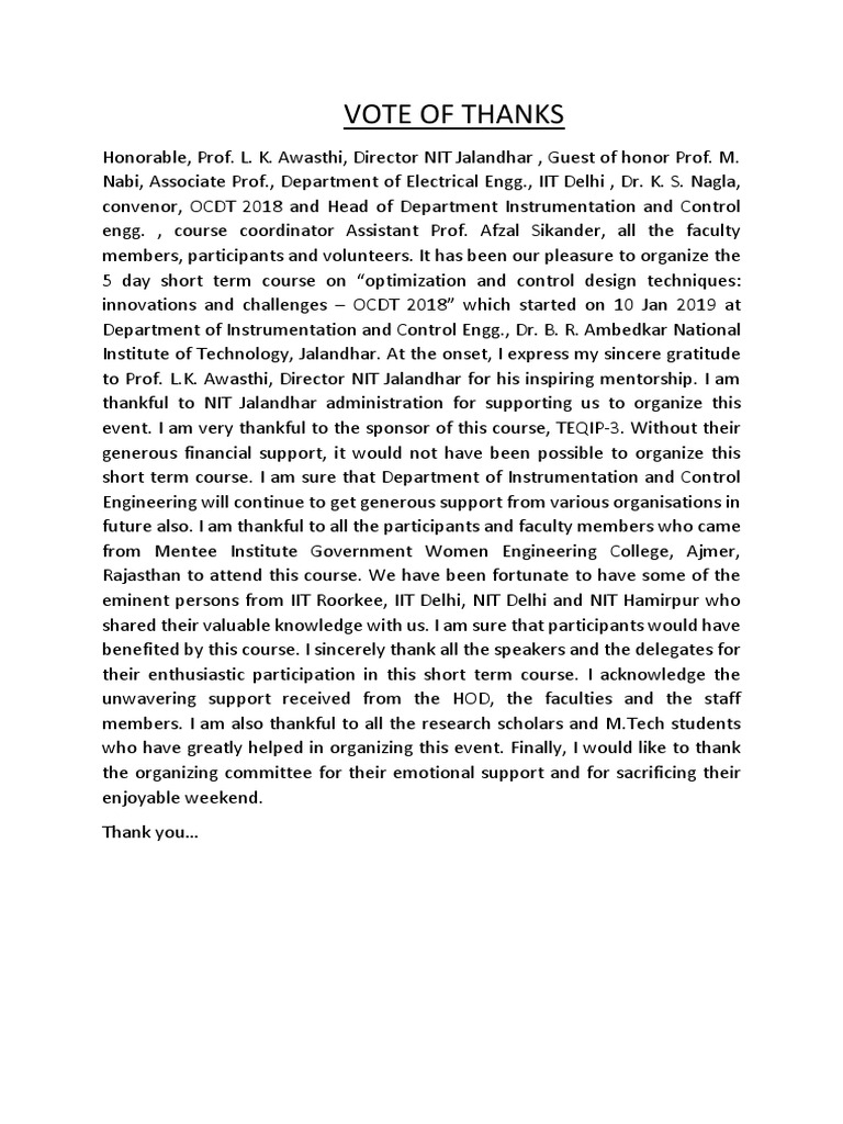 Vote of Thanks | PDF | Science And Technology | Engineering