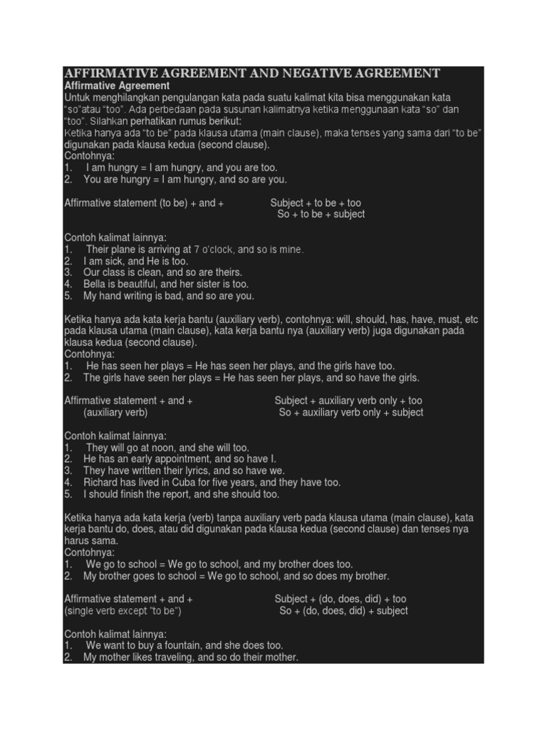 Affirmative Agreement and Negative Agreement | PDF | Grammatical ...