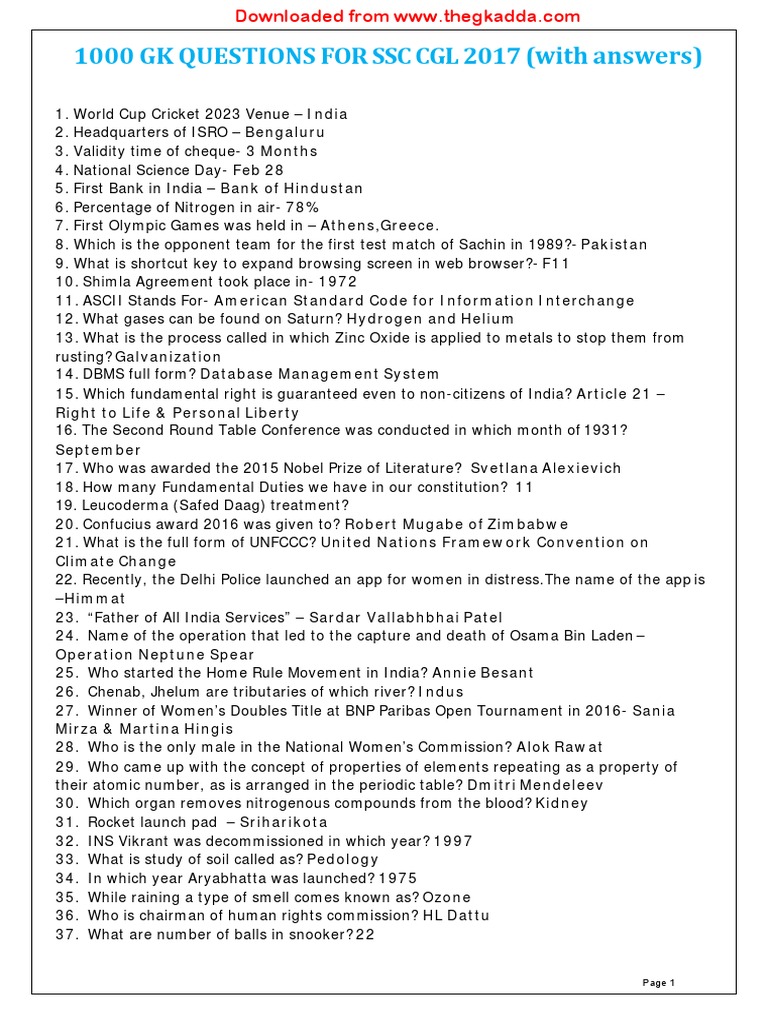 1000 GK Questions for SSC CGL 2017 | PDF | Sikhism | Nature