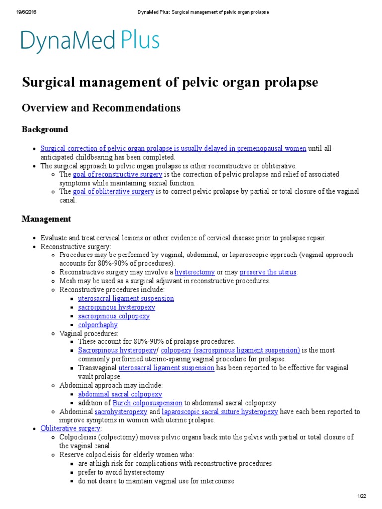 Surgical Management Of Pelvic Organ Prolapse Pdf Vagina Urinary
