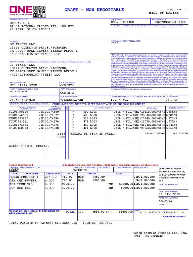 Bl | Bill Of Lading | Cargo