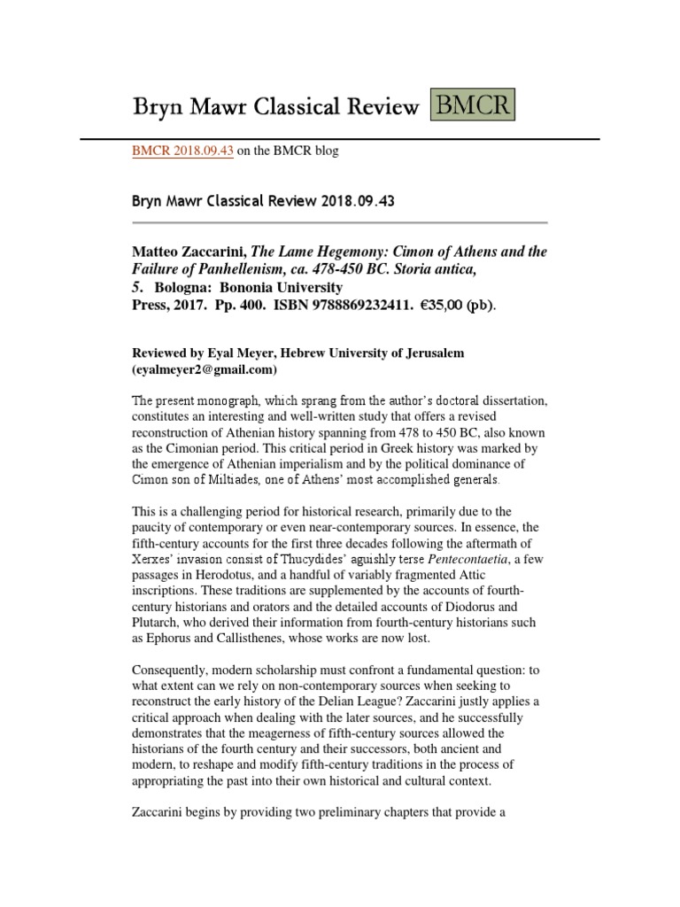 The Lame Hegemony Cimon of Athens and The Failure of Panhellenism, CA ...