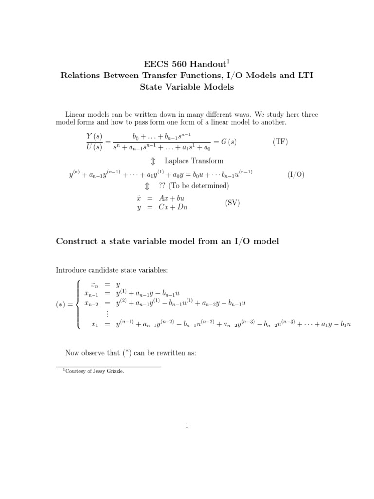Handout01 State Variable Models | PDF | Matrix (Mathematics) | Algebra