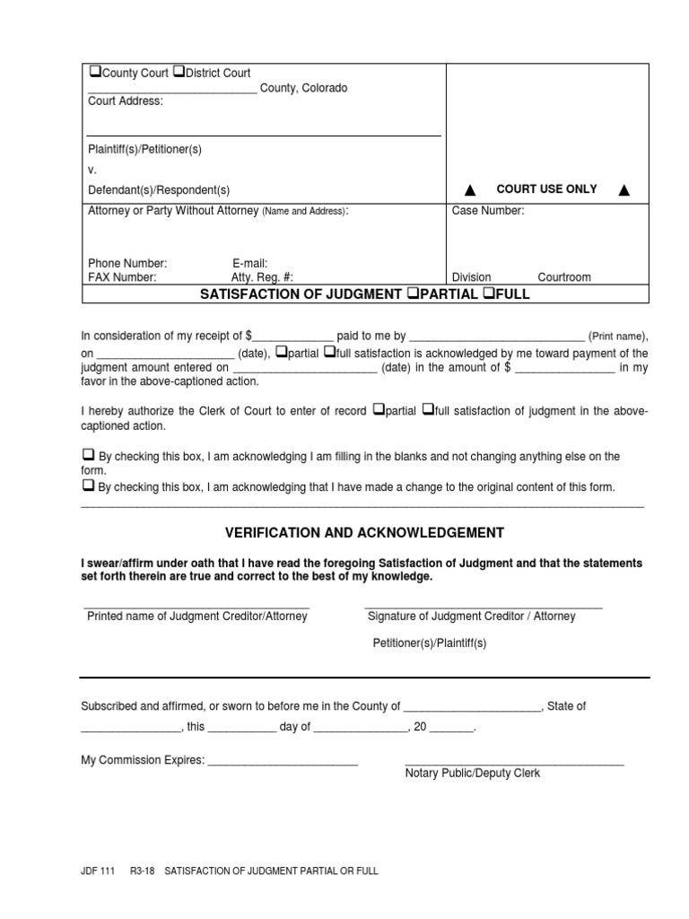 Satisfaction of Judgment Form JDF 111 | PDF | Law