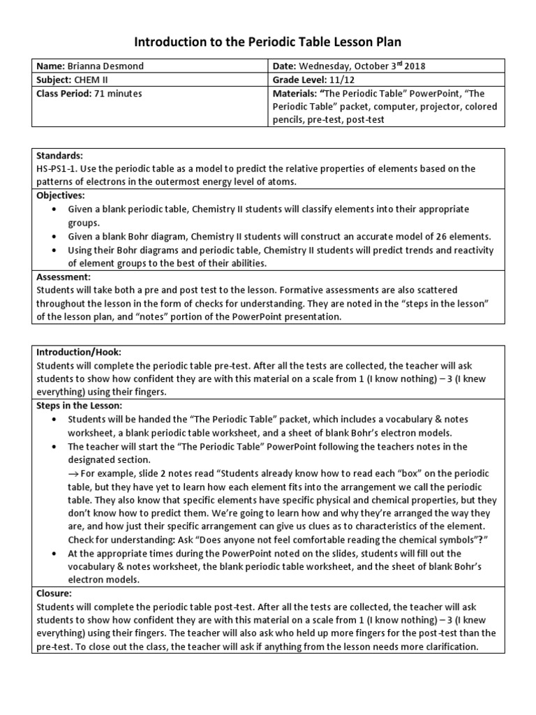 Periodic Table Lesson Plan for Grades 11-12 | PDF | Periodic Table ...