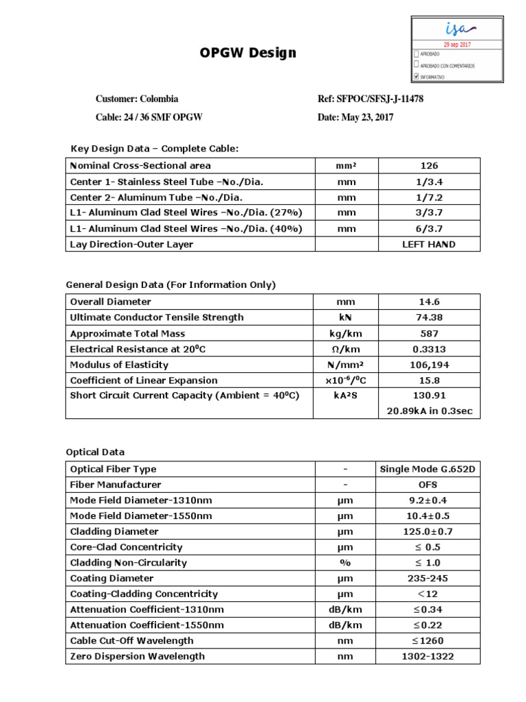 OPGW Design Data Sheet (SFSJ-J-11478) - VISA - I PDF | Download Free ...