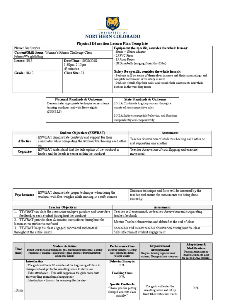 Physical Education Lesson Plan Template | PDF | Weight Training ...