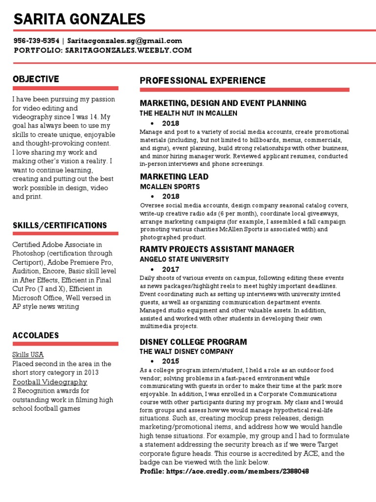 Resume For Sarita Gonzales | PDF | Mass Media | Communication