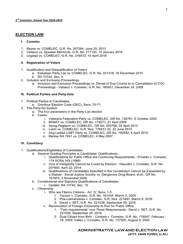 Admin and Election Law Course Syllabus (2nd Sem, SY 2018-2019) | PDF ...
