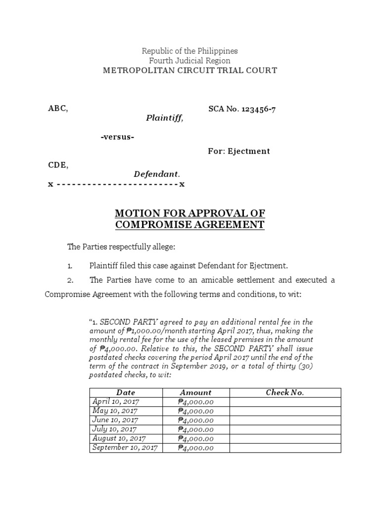 Motion To Approve Compromise Agreement | PDF | Lawsuit | Common Law
