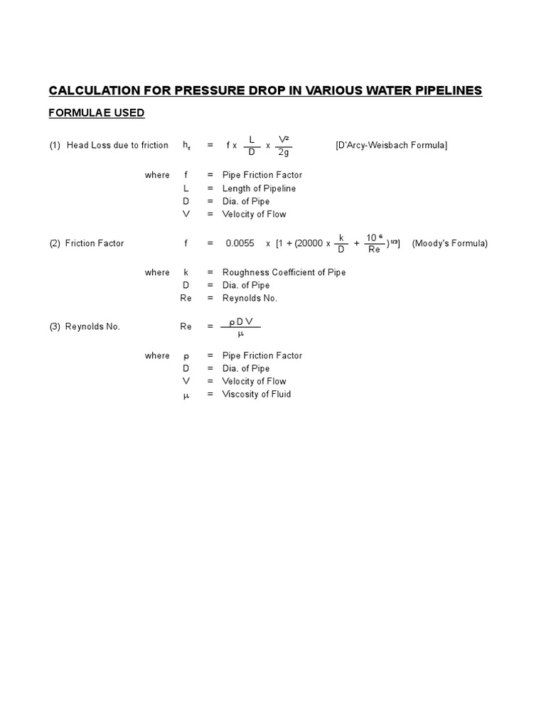 Calculation For Pressure Drop in Various Water Pipelines: Formulae Used ...