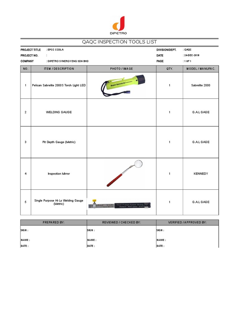 Qaqc Inspection Tools List: NO. Item / Description Photo / Image Qty ...