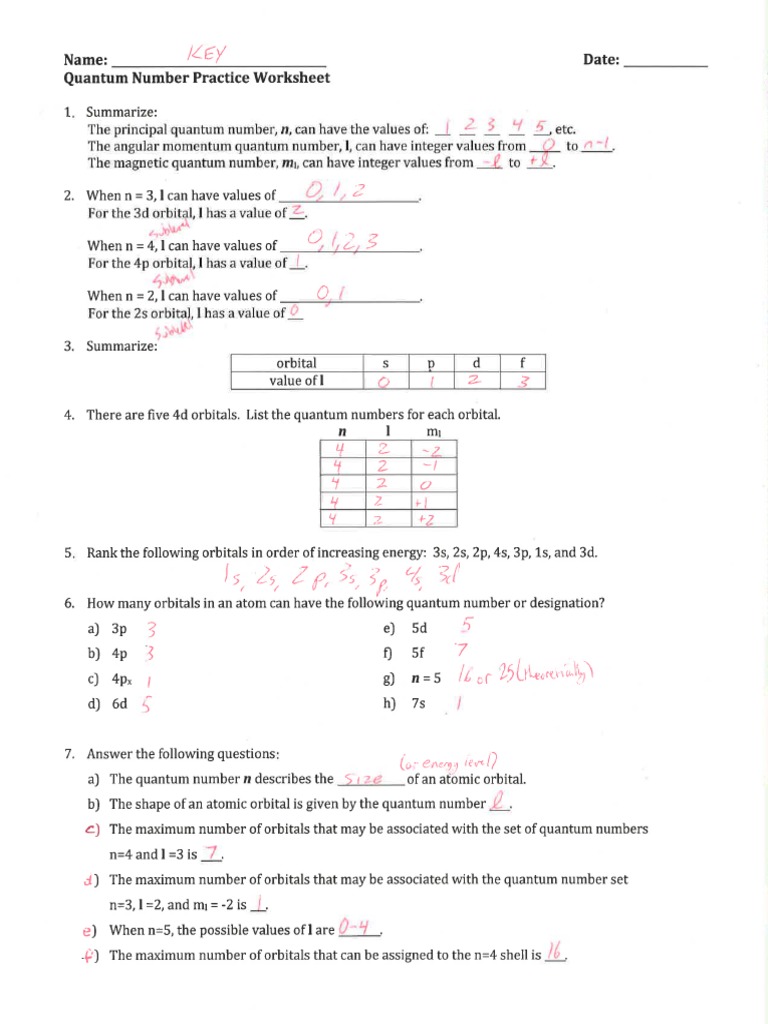 Quantum Number Practice Worksheet - Key | PDF
