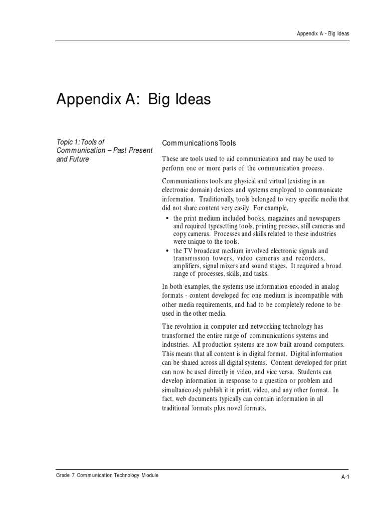 Appendix A: Big Ideas: Topic 1: Tools of Communication - Past Present ...