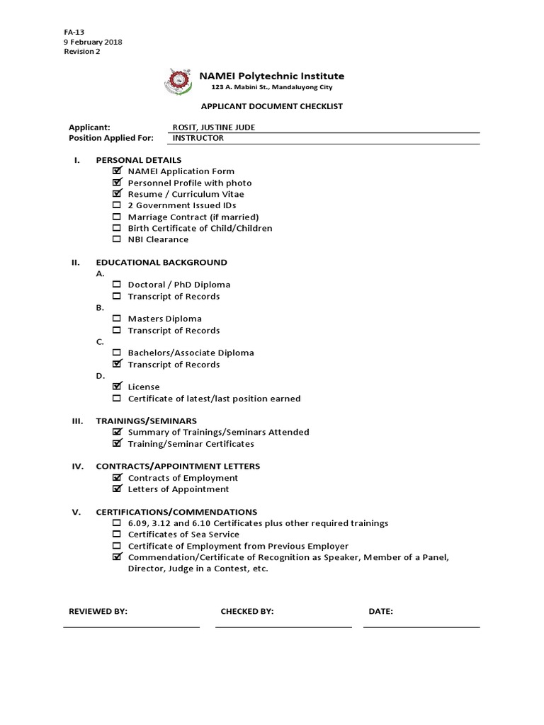 NAMEI Polytechnic Applicant Document Checklist | PDF