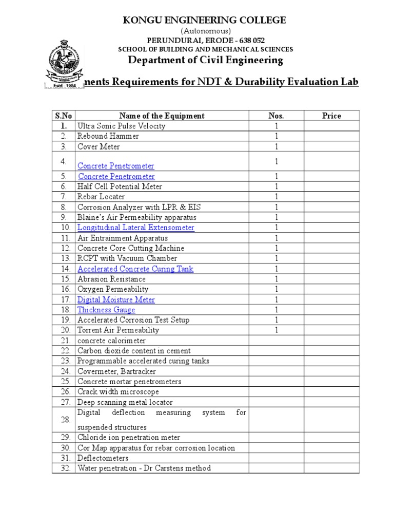 Department of Civil Engineering Equipments Requirements For NDT ...