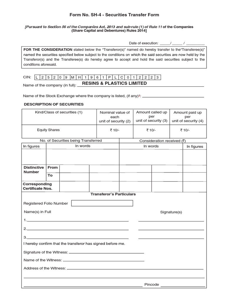 Form No. SH-4 - Securities Transfer Form: (Share Capital and Debentures ...