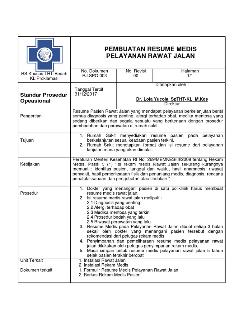 003-Spo Pembuatan Resume Medis Pelayanan Rawat Jalan | PDF