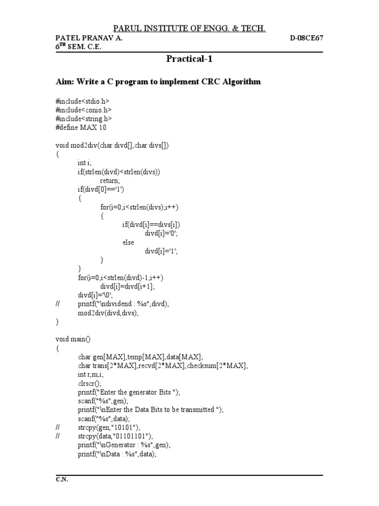 Practical 1 Aim Write A C Program To Implement Crc Algorithm Pdf