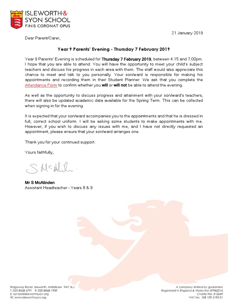 Year 9 Parents' Evening - Thursday 7 February 2019: Attendance Form ...