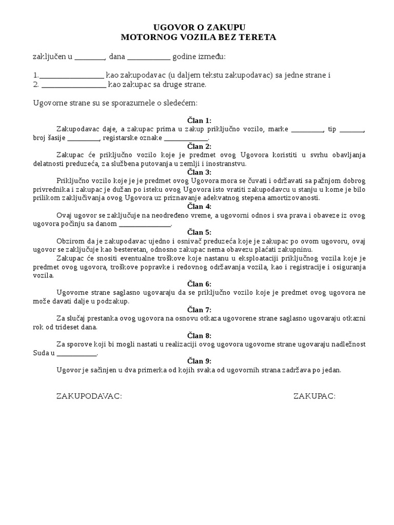 Ugovor o Zakupu Motornog Vozila | PDF