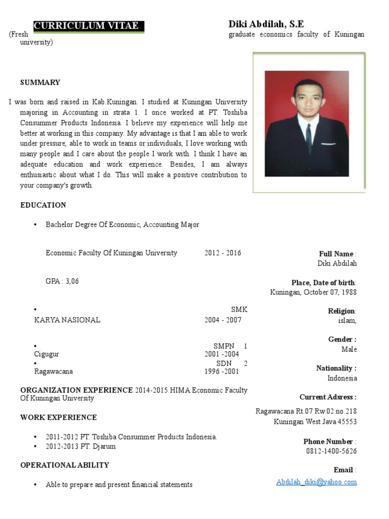 Curriculum Vitae: Diki Abdilah, S.E | PDF | Behavior Modification | Learning