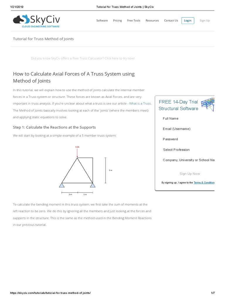 Tutorial For Truss Method of Joints - SkyCiv | PDF | Truss | Force