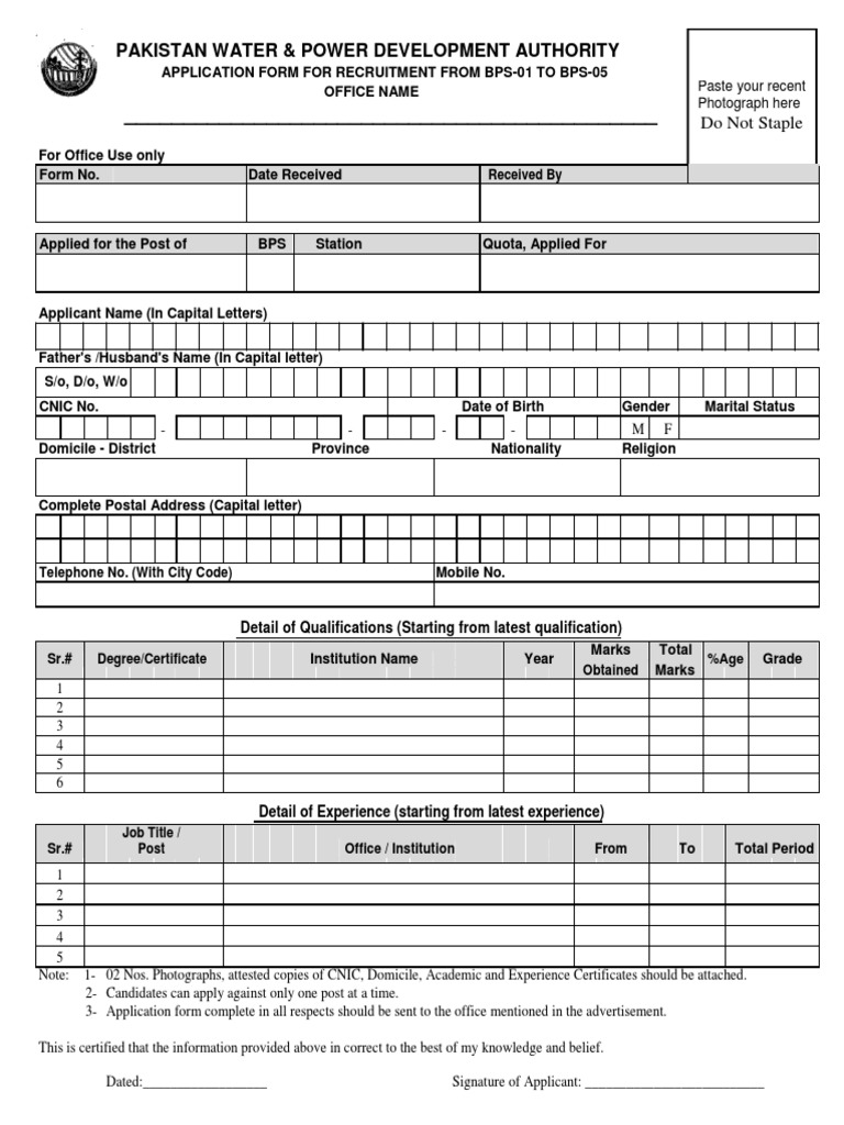 Pakistan Water & Power Development Authority: Do Not Staple | PDF