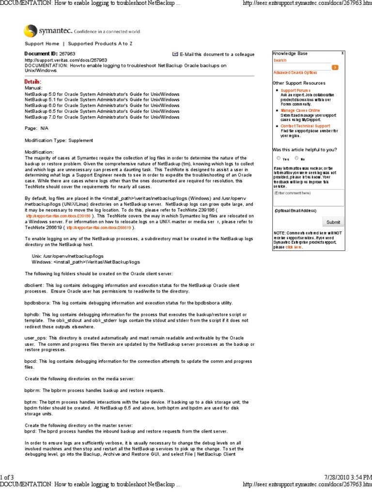 Documentation How To Enable Logging To Troubleshoot Netbackup Oracle