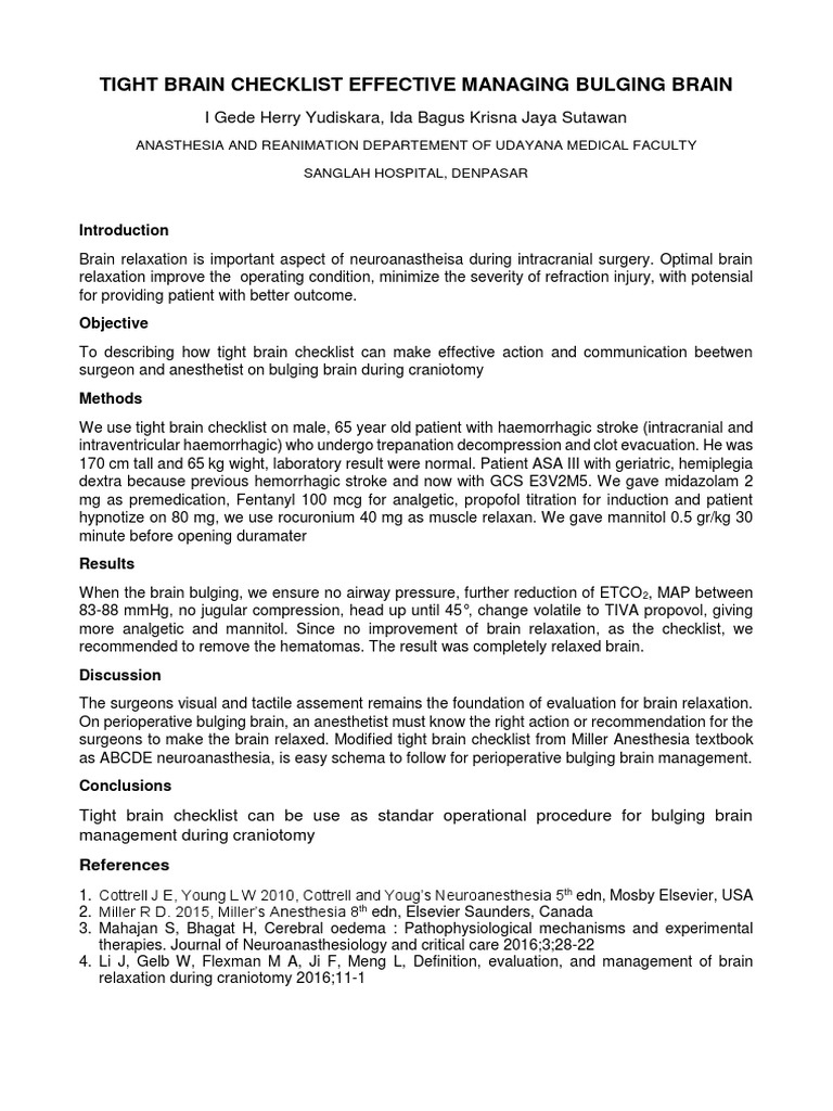 Tight Brain Checklist for Craniotomy | PDF | Surgery | Anesthesia